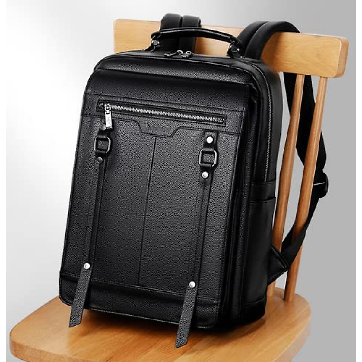 HKZHITOU Vintage Leather Laptop Backpack For Men,Men Black Leather College Backpack Travel Waterproof Bags Fit 15.6 Inch Notebook