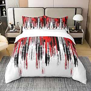Feelyou Red White Black Bedding Duvet Cover 100% Cotton Set Stripes Reversible Bedding Set Geometric Comforter Cover Set for Room Decor Modern Abstract Art Bedspread Cover Twin Size With 1 Pillow Case