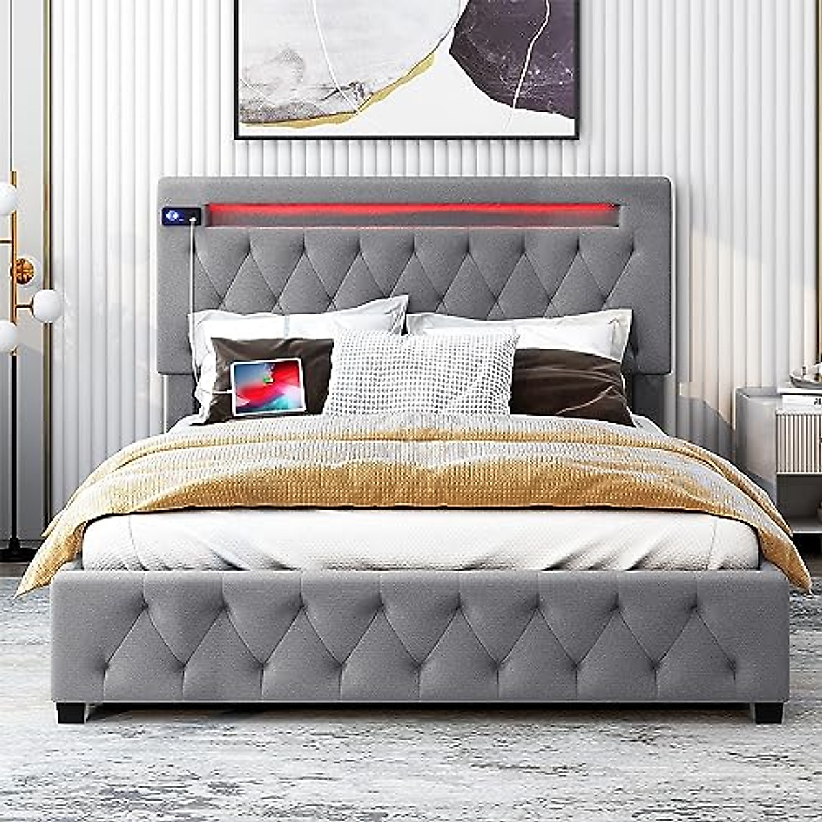 Ucloveria Queen Bed Frame with Bluetooth Audio & Charging Station & LED Lights, Upholstered Platform Bed with Button Tufted Adjustable Headboard, Hydraulic Storage, No Box Spring Needed, Gray