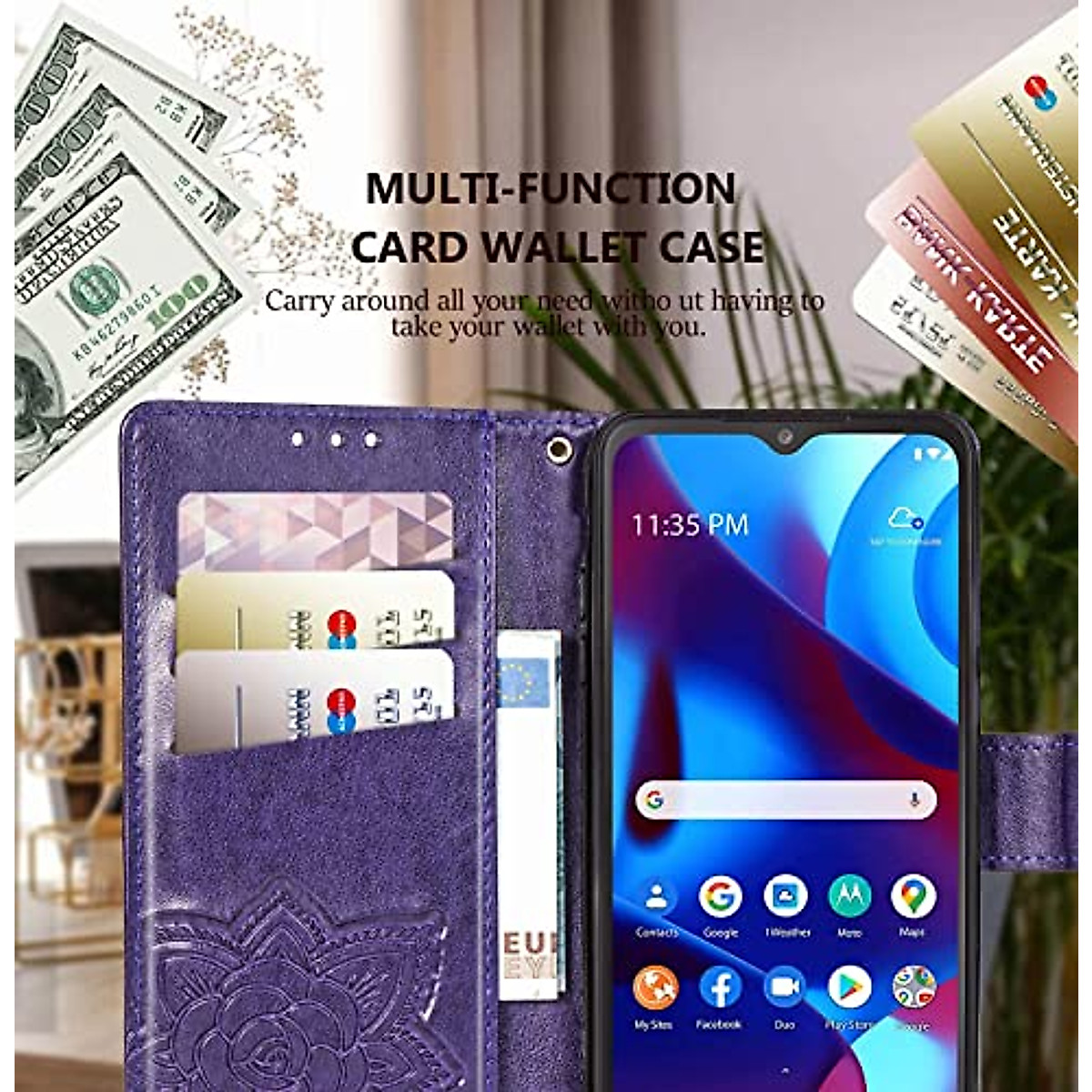 KRHGEIK Designed for Moto G Pure Phone Case Wallet,Women Butterfly Embossed PU Leather Protective Case with Kickstand Card Holder Slots Wrist Strap Flip Cover for Motorola Moto G Pure(Purple)