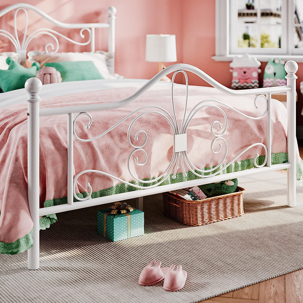 SHA CERLIN Full Size Bed Frame with Headboard,Metal Bed Frame with Butterfly Pattern Design Headboard & Footboard,No Box Spring Needed,Easy Assembly,White