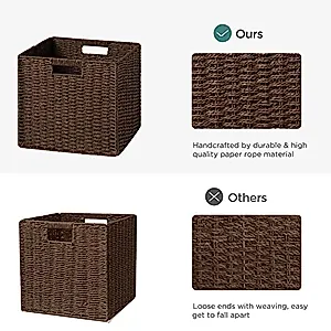 UBBCARE 3 Pack Wicker Basket, 11.8L×11.8H×11W inch Woven Paper Rope Storage Baskets for shelves, Foldable Cube Storage bin with Handle, Storage Basket for Organizing & Decor, Brown