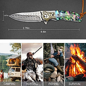 AUBEY Damascus Steel Pocket Knife with Clip, Abalone Shell Handle Folding Knife, Sharp EDC Hunting Knife with Leather Sheath for Camping Collection
