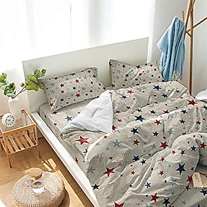 Vintage Stars on Beige Linen Duvet Cover Set Cali King,4 Pieces Blue Red Star Independence Day Bed Sheet Sets Soft Comforter Cover with Flat Sheet 2 Pillow Shams for Man/Woman 4th of July