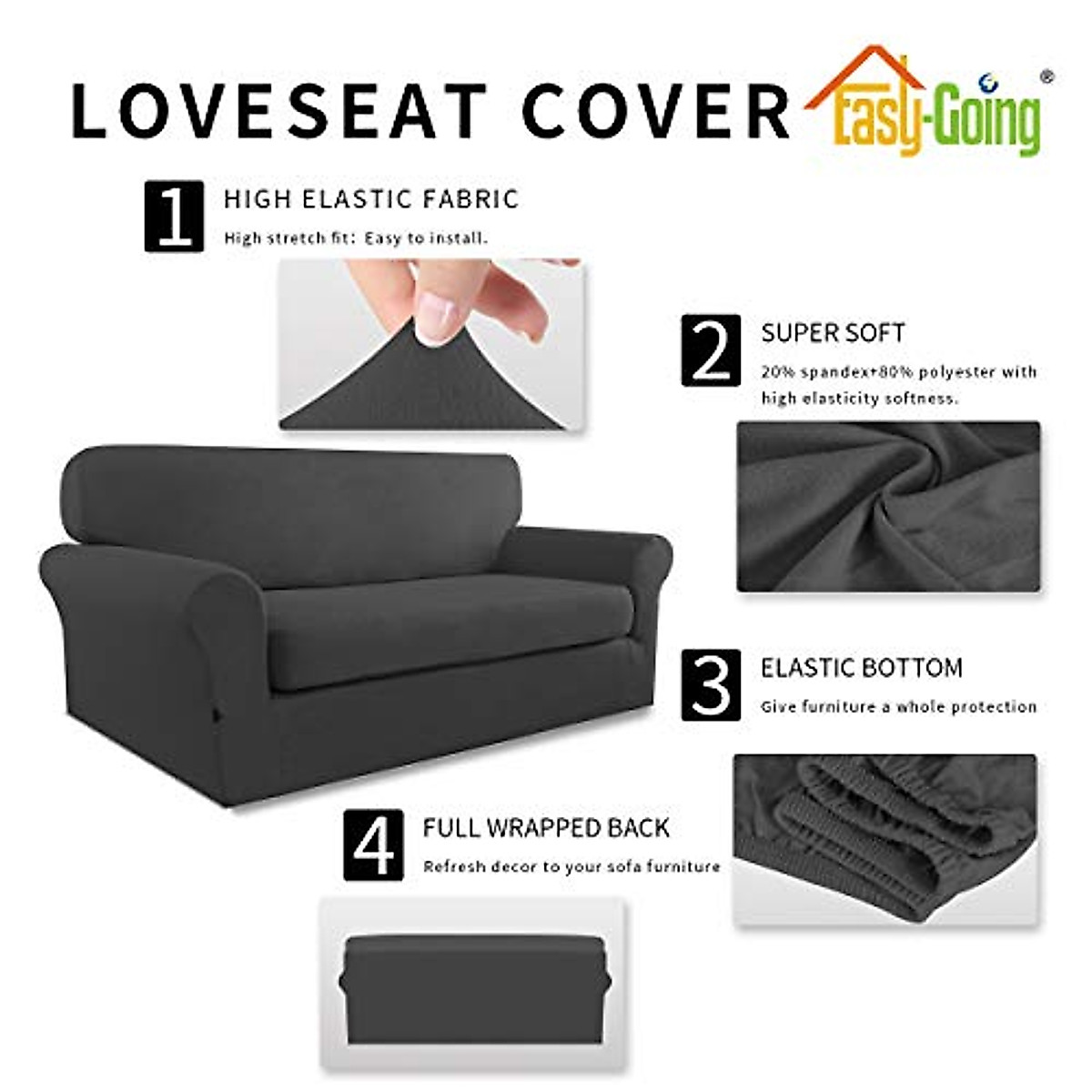 Easy-Going 2 Pieces Microfiber Stretch Sofa Slipcover – Spandex Soft Fitted Sofa Couch Cover, Washable Furniture Protector with Elastic Bottom Kids, Pet (Loveseat, Dark Gray