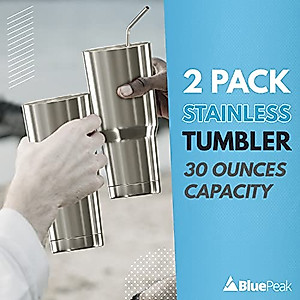 BluePeak Double Wall Vacuum Stainless Steel Insulated Tumblers Set, 2-Pack - Includes 2 Sipping Lids, 2 Spill-Proof Sliding Lids, 2 Straws, 1 Cleaning Brush & Gift Box (30 oz, Silver)