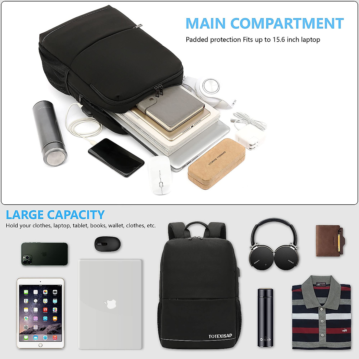 TOTEXISAP Slim Laptop Backpack ，15.6 Inch Laptop Backpack for Women Men ，Waterproof Backpacks with USB Charging Port, Travel Bags Casual Daypacks for School, College, Business（Black）