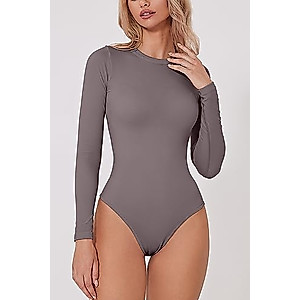 QINSEN Womens Sexy Casual Round Neck Double Lined Long Sleeve Slimming Going Out Top Bodysuits Ash Gray S