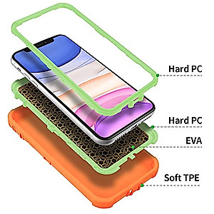 Sansunto for iPhone 11 Case Orange, Silicone Durable Protective Case,Heavy Duty Shockproof Full Body Case 3in1 Hard PC Bumper and Back Cover for iPhone 11 6.1 inch (Orange/Matcha Green)