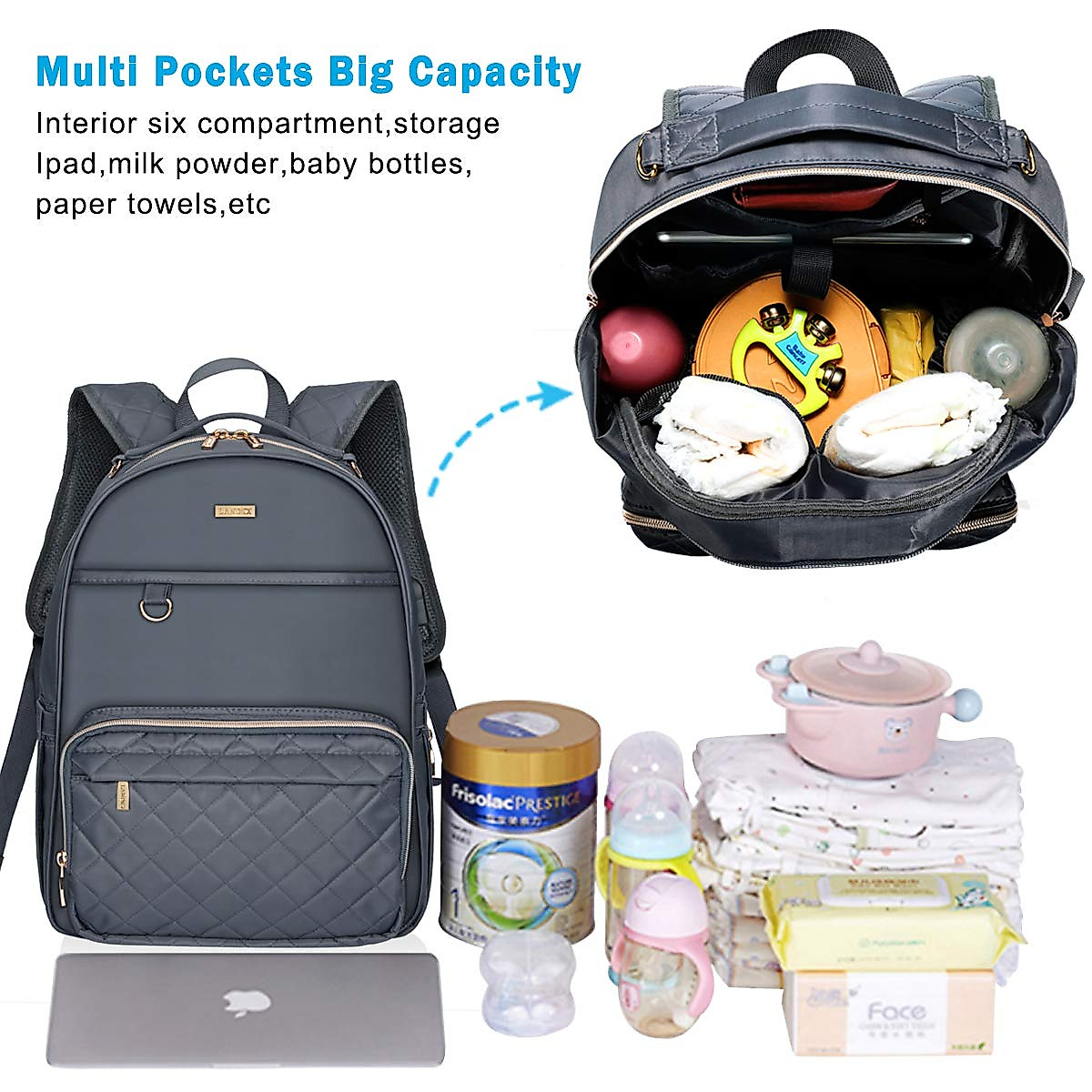 LANDICI Diaper Bag Backpack, Multifunction Travel Back Pack Maternity Baby Changing Bags with Changing Station and USB Charging Port for Mom Dad Boy Girl, Large Capacity, Waterproof, Black