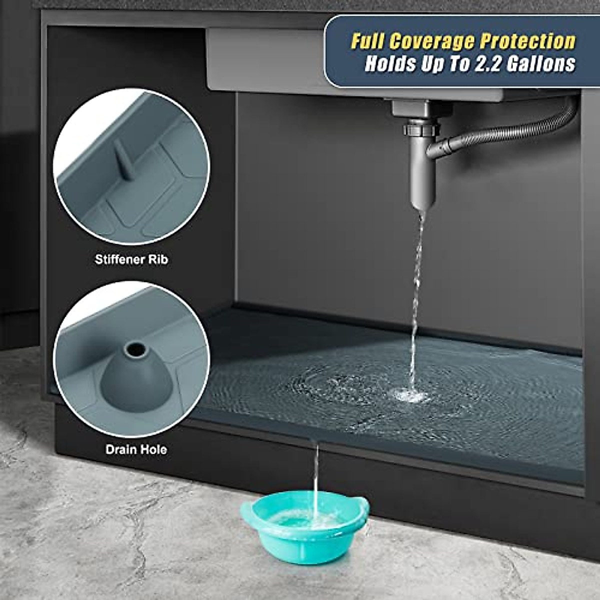 JOHAMOO Under Sink Mat Waterproof, 34" x 22" Silicone Kitchen Cabinet Liner, Bathroom Basin Cabinet Protector Drip Tray Gray