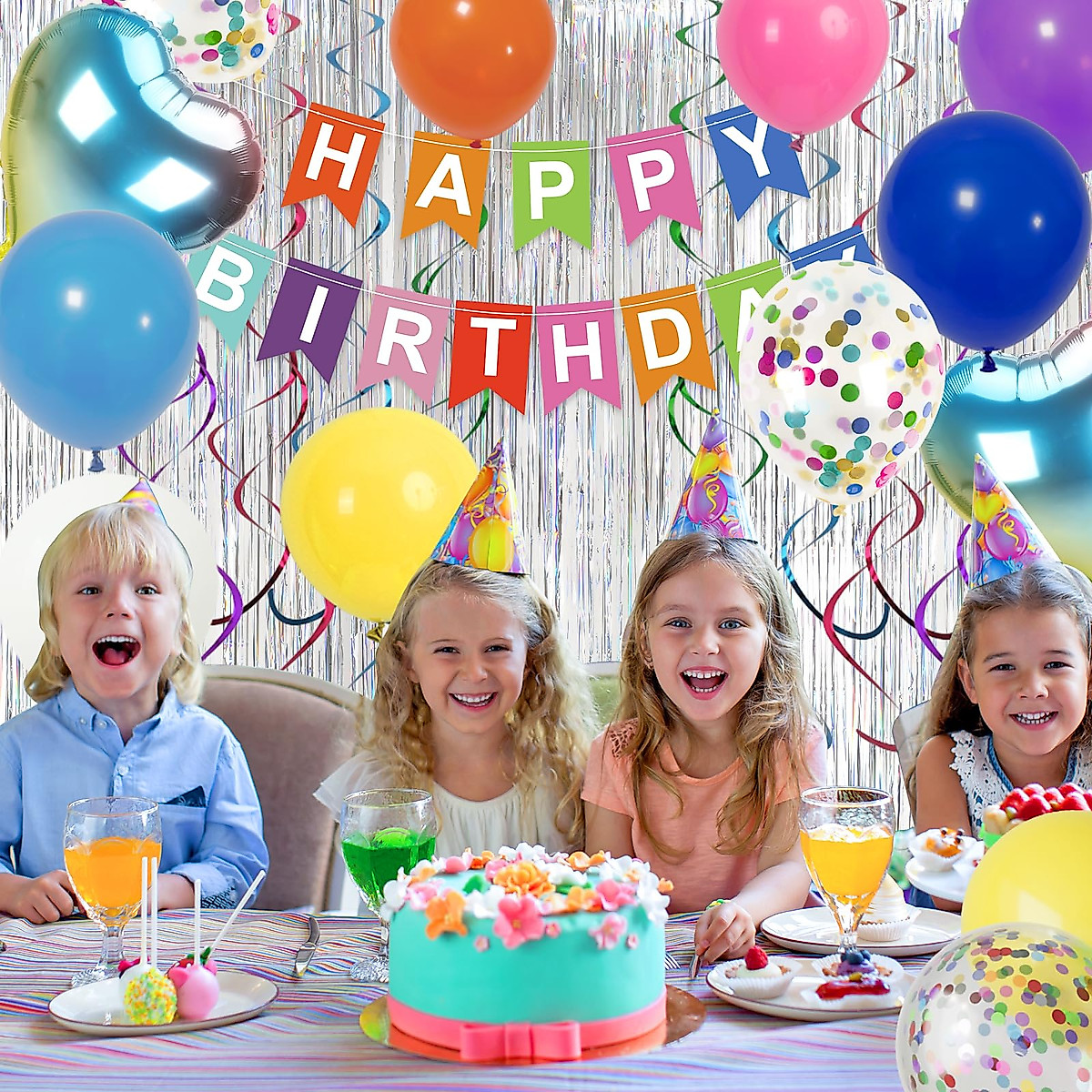 RUBFAC Rainbow Birthday Decorations, Colorful Balloon Garland Arch Kit, Happy Birthday Banner, Shiny Silver Fringe Curtain, Heart Foil Balloons, Hanging Swirls, Baby Shower Birthday Party Supplies