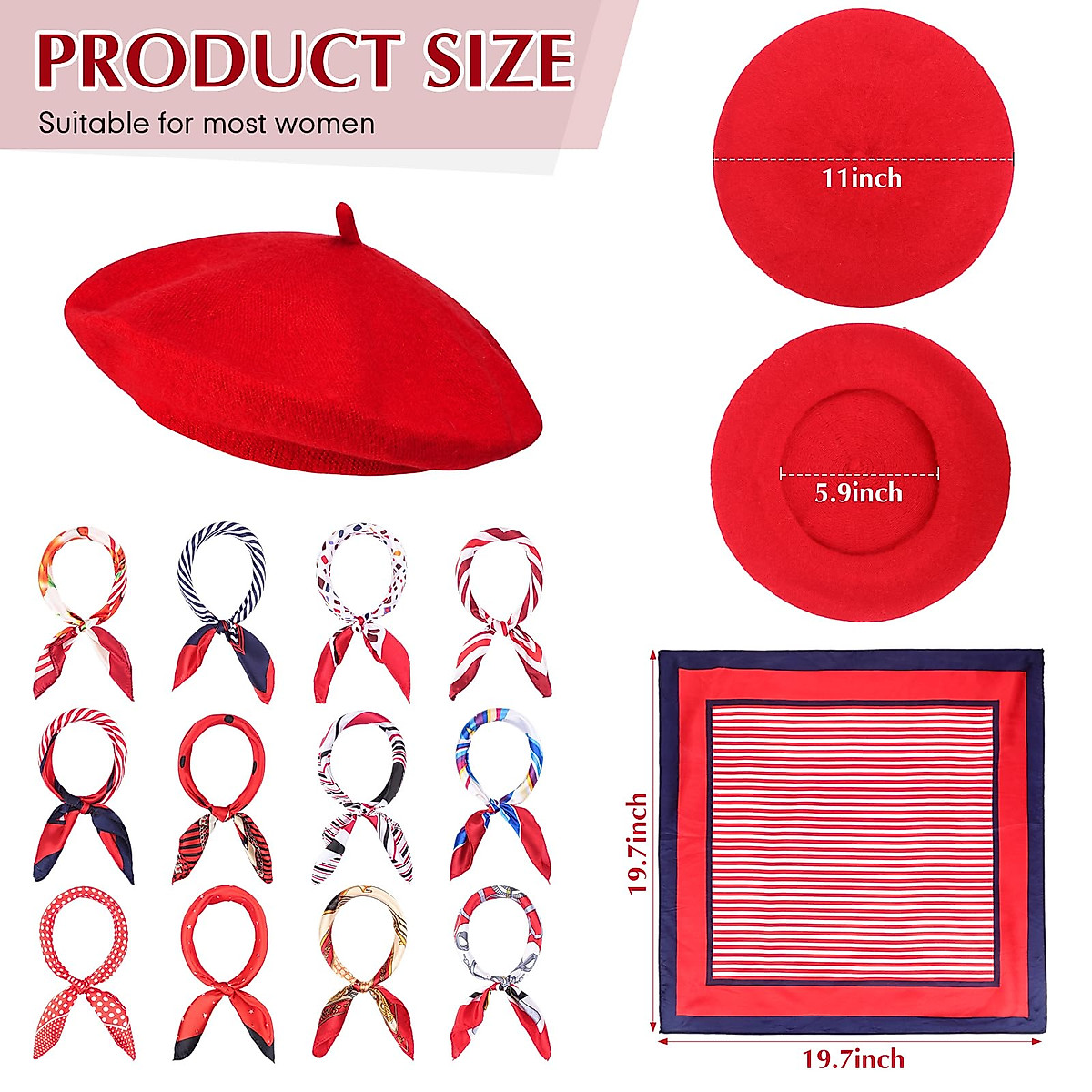 Shinymoon 24 Pcs Wool Beret Hat Bulk Winter Artist Beanie Beret Warm French Hat with Silky Neck Scarf for Women Girl Lady(Red, Elegant Style)
