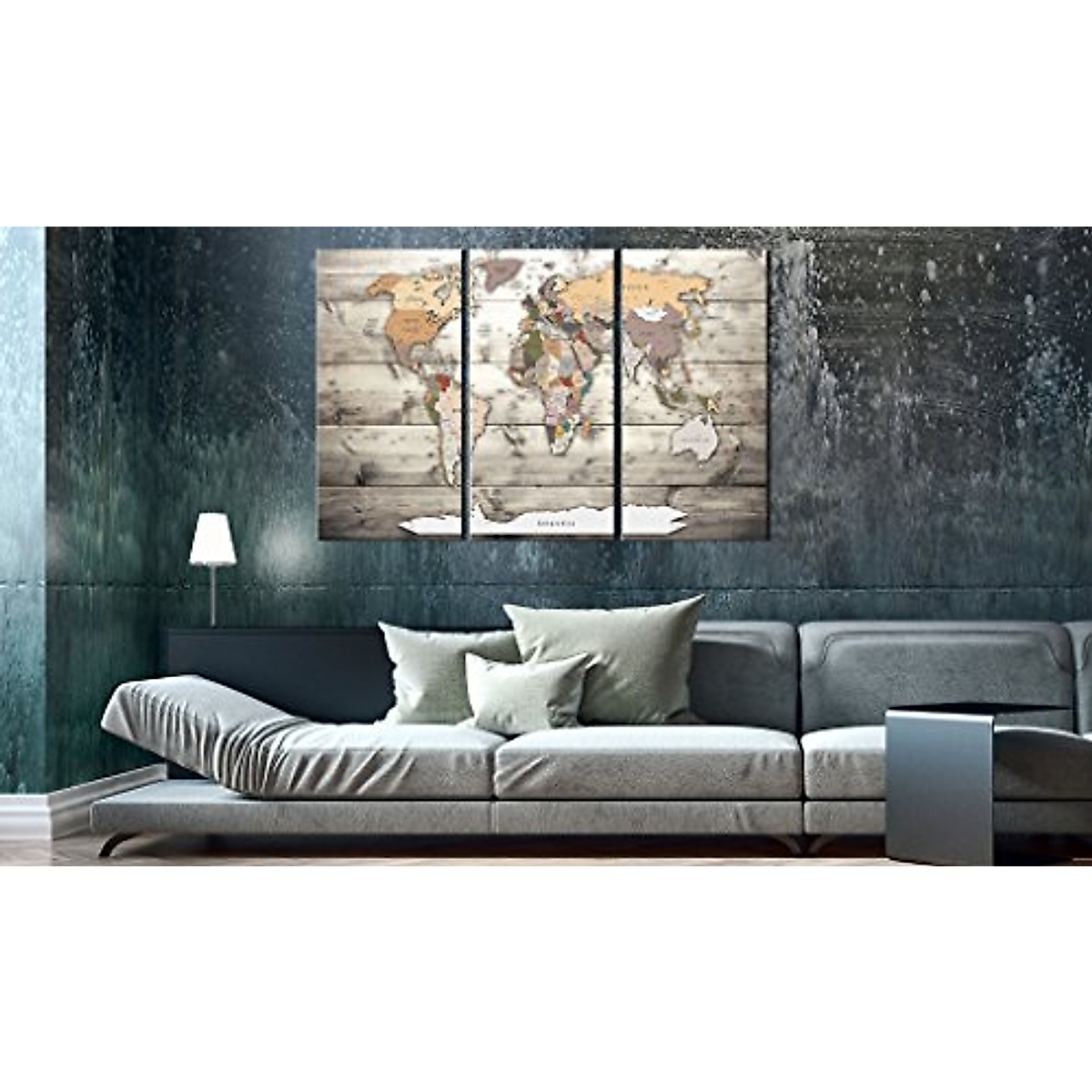 artgeist Pinboard World Map 35x24 in - Cork Board & Canvas Print Wall Art 3 pcs Memoboard with 50 Pins Noticeboard Message Board Image Picture Home Decor Travel Map Map of The World k-C-0035-p-g