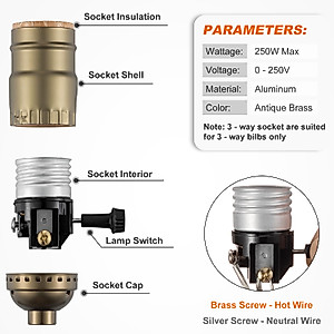 3 Way Lamp Socket Replacement, E26 Threaded Base, Turn Knob for Low-Medium-High Light Settings, Lamp Parts for Table and Floor Lamps Repair, Light Socket with Lamp Switch Kit (Antique Brass)