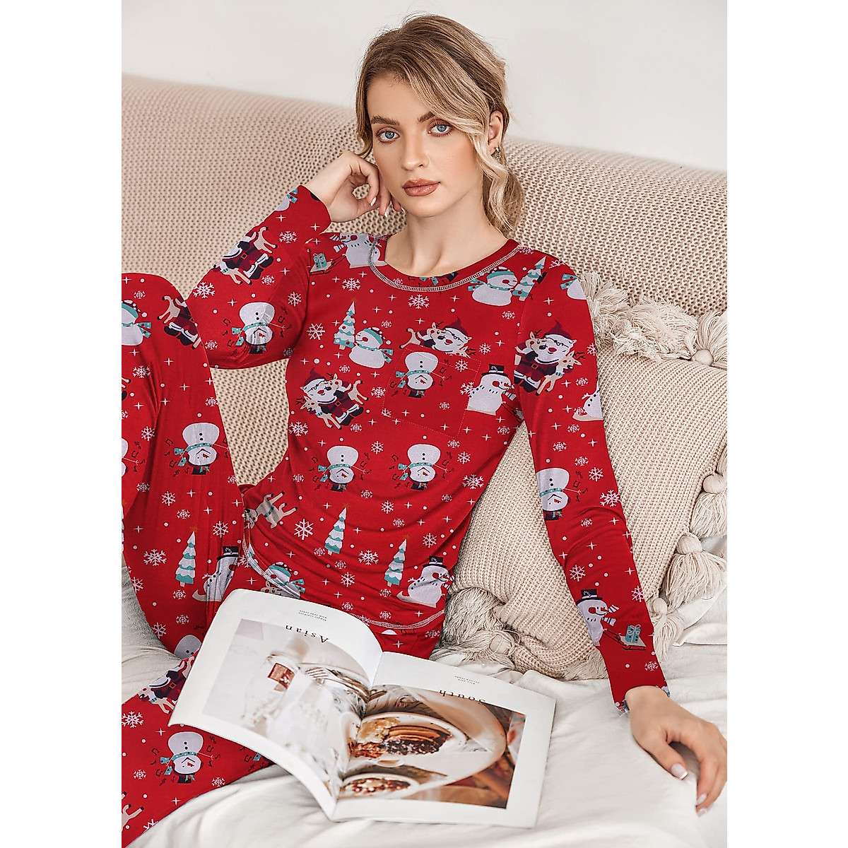 Ekouaer Pajamas Women's Long Sleeve Pj Set Soft 2 Piece Loungewear Sleepwear with Jogger Pants Christmas Print,L