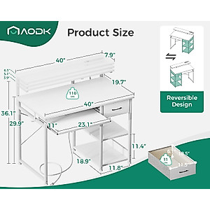 AODK Small Computer Desk with Keyboard Tray, 40 Inch Office Desk with Power Outlet, Work Desk with Drawer, Reversible Desk with Adjustable Monitor Shelf and Storage Shelf for Home Office, White
