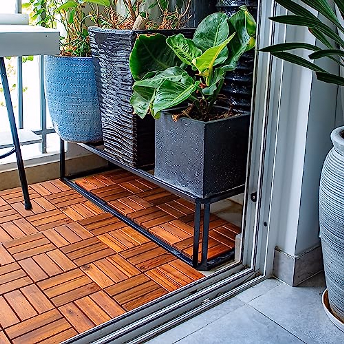 CLOVERHOLM Interlocking Deck Tiles 12x12 inches, 10PCS Waterproof Acacia Wood Patio Tiles, Easy Snap Flooring Tiles for Indoor and Outdoor,Balcony, Entry, Poolside Tiles (Tiles-Teak-P9)