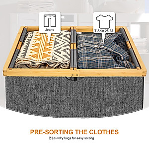 WOWLIVE 165L Double Laundry Hamper with Lid Bamboo Laundry Basket 2 Section,Large Dirty Clothes Hamper with Removable Laundry Bags,Laundry Bin Organizer Storage for Dorm,Bedroom,Bathroom,Gray