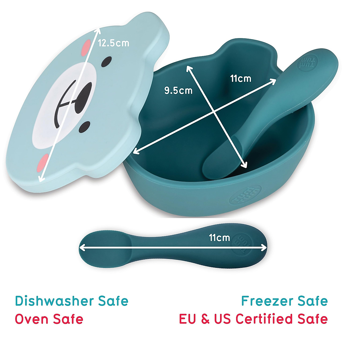 TUM TUM Suction Bowl for Baby, Toddler Bowl with Lid & Spoon, for Babies & Toddlers 6 Months+, BPA Free Silicone Baby Feeding Set, Microwave/Dishwasher/Freezer Safe, Boris Bear, Blue