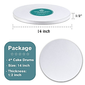 White Cake Drums Round 14 Inch Cake Boards with 1/2-Inch Thick Smooth Edges for Multi Tiered Birthday Wedding Party Cakes Drum Board
