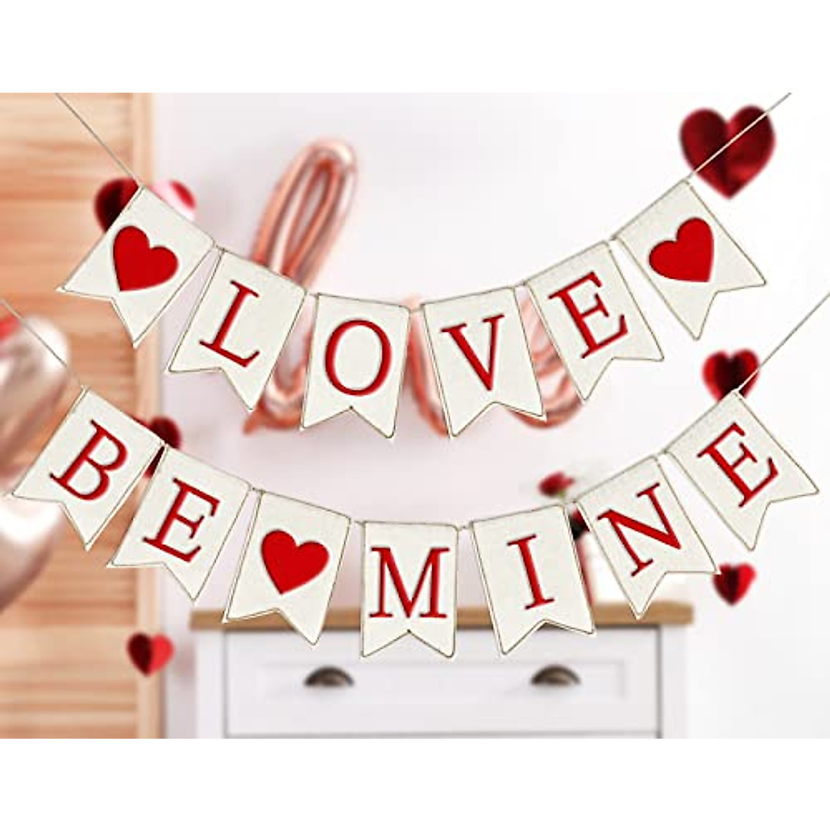 Whaline Valentine's Day Burlap Banner Felt LOVE BE MINE Heart Banner Pre-Assembled White Red Valentine Bunting Garland Celebration Hanging Decorations for Valentine Party Supplies Home Decoration