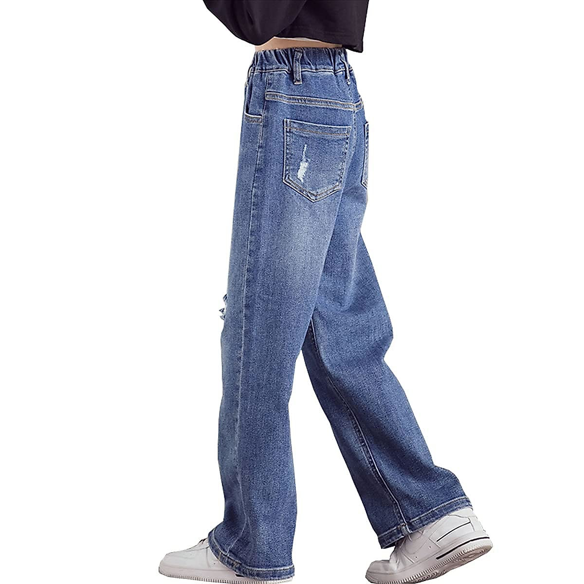 YaYatree Fashion Kids Girls Ripped Distressed Washed Wide Leg Casual Jeans Size 4-13 yrs (Blue Solid, 10-11 Years)