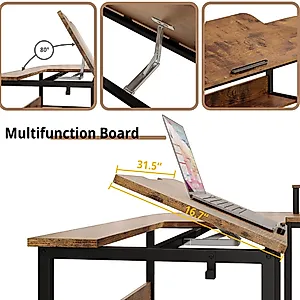 IRONCK L Shaped 70.8" Computer Corner Desk with LED and Power Outlets, 95" I-Shaped Two-Person Reversible Drafting Table with Storage Shelves & Monitor Stand for Home Office, Bedroom, Brown