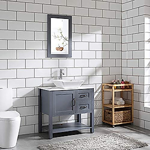 30" Grey Bathroom Vanity Sink Combo Marble Pattern Top w/Mirror Faucet&Drain Set