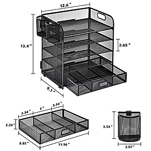 Lavatino 5 Tray Desk Organizer with Drawer, Mesh Paper Letter Tray Organizer with Handle and 2 Pen Holder, Desktop File Organizer and Storage for Letter/A4 Office File Folder