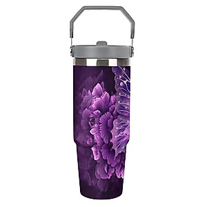Beautiful Purple Butterfly Floral 30 Oz Tumbler with Handle And Flip Straw, Stainless Steel Vacuum Insulated Travel Mug, Thermal Cup for Coffee, Water, Iced Drinks, Fits Car Cup Holders (Home, Sports)