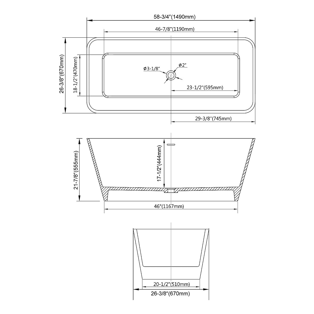 Dowell 076 59" Luxury Contemorary Stone Resin FREE STANDING Bathtub White Modern