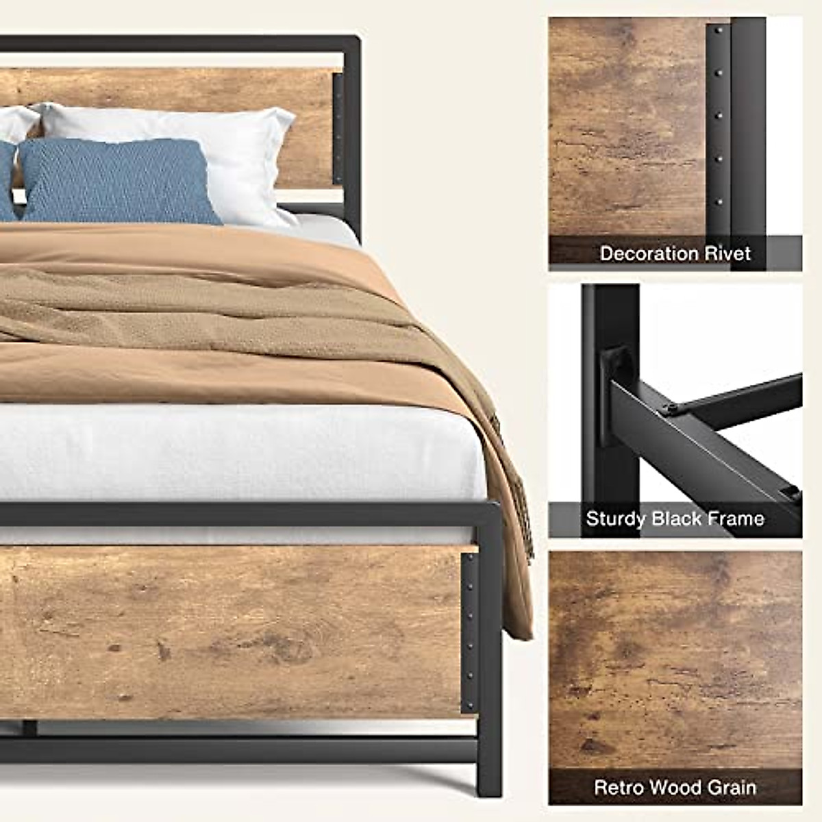 Gizoon Queen Size Bed Frame, Heavy Duty Platform Metal Bed with Headboard with Rivet, No Box Spring Needed, 15 Strong Metal Slats Support & 11'' Under-Bed Storage, No Noise, Easy Assembly, Retro