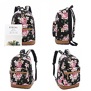 Lmeison Backpack and Lunch Bag Set for Girls College Backpack Floral Bookbag for Girls Backpack with Lunch Box Kawaii Backpack Travel Backpacks for Women Teens School Bag Aesthetic, Black