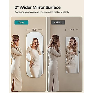 SONGMICS Jewelry Organizer, LED Jewelry Cabinet Wall/Door Mounted, Lockable Rounded Wide Mirror with Storage, Interior Mirror, 3.9 x 16.5 x 42.5 Inches, White Surface with Greige Lining UJJC026W01