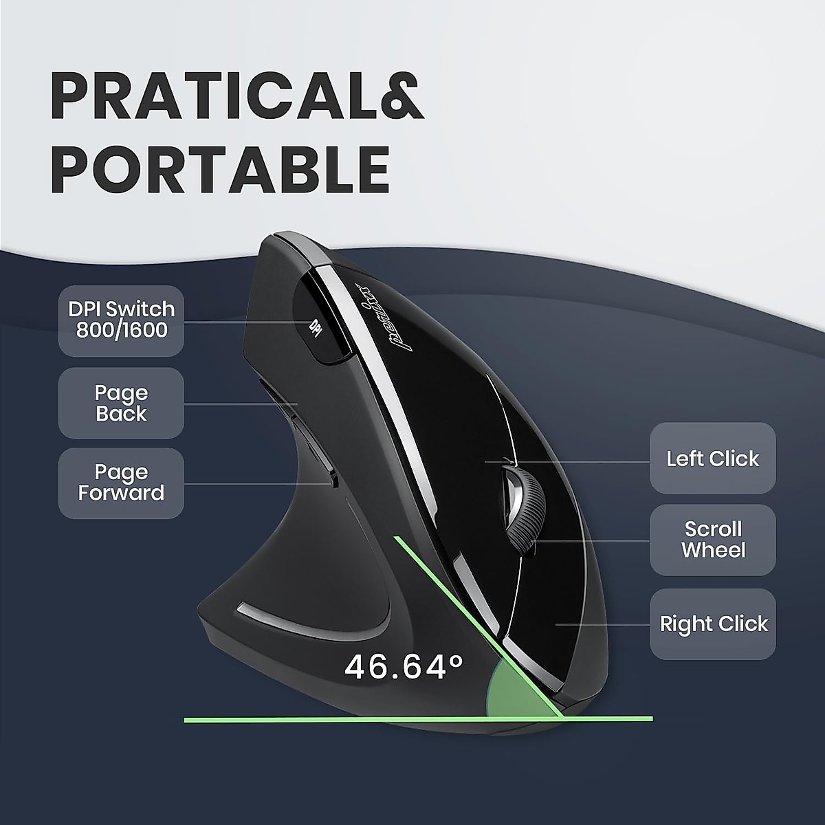 Perixx PERIMICE-713L, Wireless Ergonomic Left Handed Vertical Mouse, 6 Buttons Design, 3 Level DPI, Black, Medium