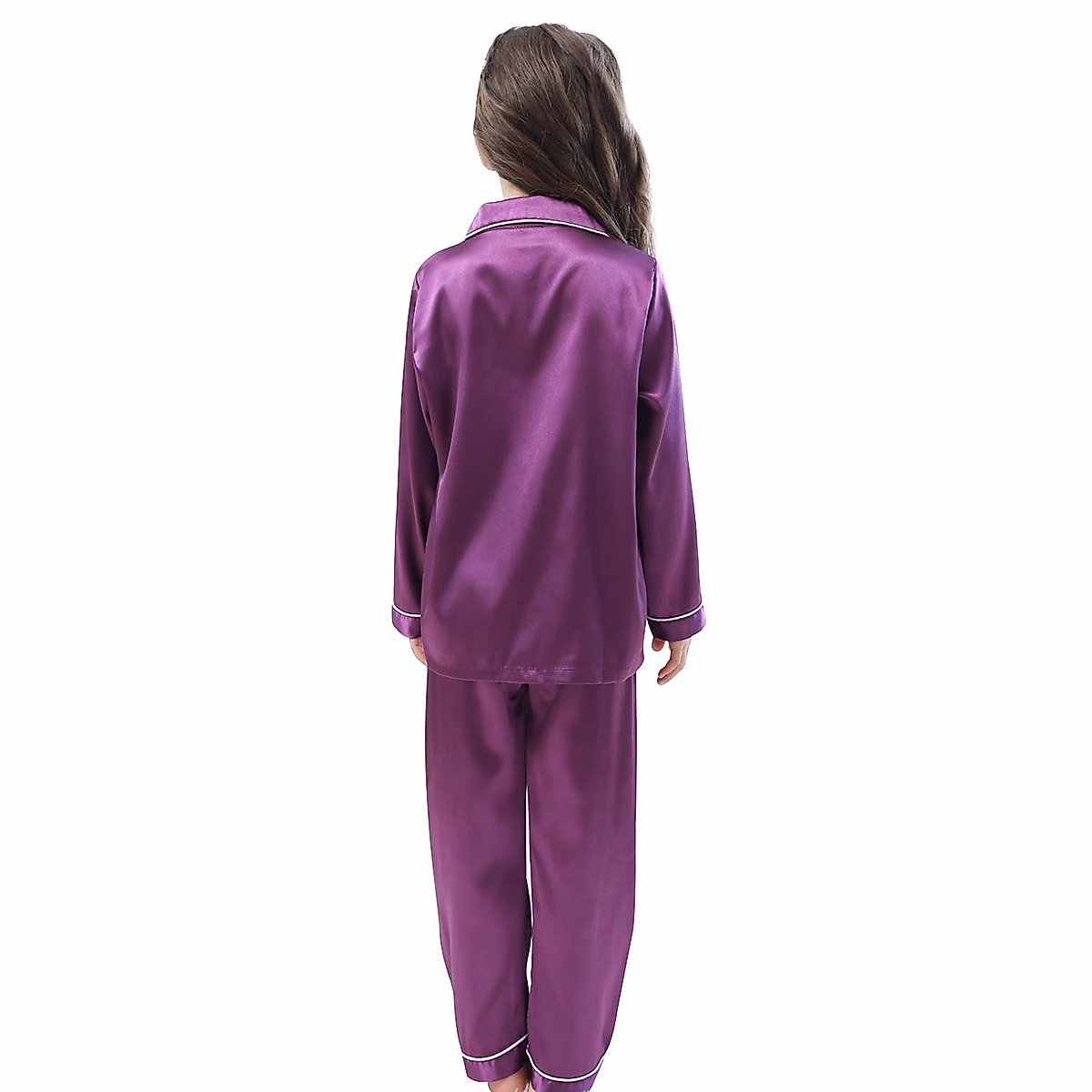 Pajamas Kid Unisex Pjs Set Girls Boys Silk Pajamas Set Satin Long Sleeve 2 Piece Clasic Sleepwear for 2-12 Years Todder Purple