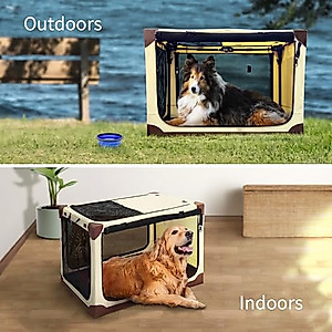 Pecait Soft Collapsible Dog Crate, 42 Inch Portable Travel Dog Crate for Extra Large Dogs 4-Door Durable Breathable Mesh Window Indoors Outdoors Kennel with 2 Foldable Dog Bowls (Beige)