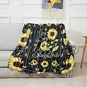 Edwiinsa You are My Sunshine Fleece Blanket Lightweight Super Soft 60'' x 80'', Sunflowers and Bees Framed Design Warm Fuzzy Plush Cozy Luxury Microfiber Bed Blankets All Season for Couch/Sofa/Gift