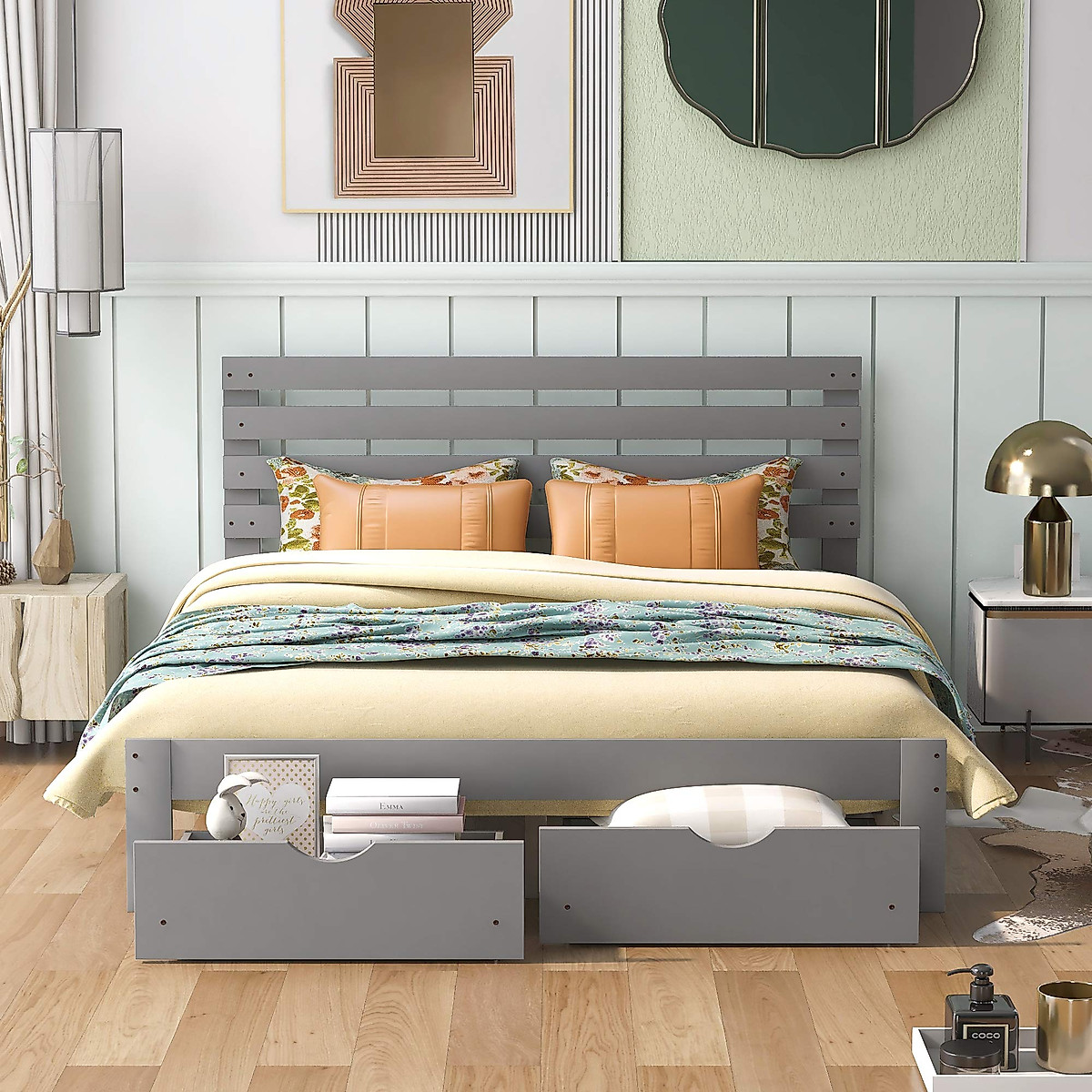 Morhome Queen Size Platform Bed Frame with 2 Storage Drawers, Upholstered Wooden Slats Support, No Box Spring Needed, Easy Assembly