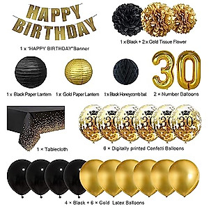 Black and gold 30th Birthday Party Decorations, Happy Birthday Banner with Paper Decorations Tablecloth, Number 30 Balloon, Black and Gold 30th Birthday Party Supplies by BRT Bearingshui