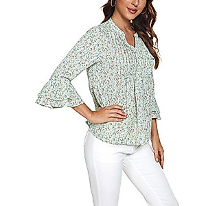 olrain Womens Summer Floral Printed V-Neck Swing Tunic 3/4 Bat Wing Short Sleeve Chiffon Tops Blouse Shirts (Light Green, X-Large)