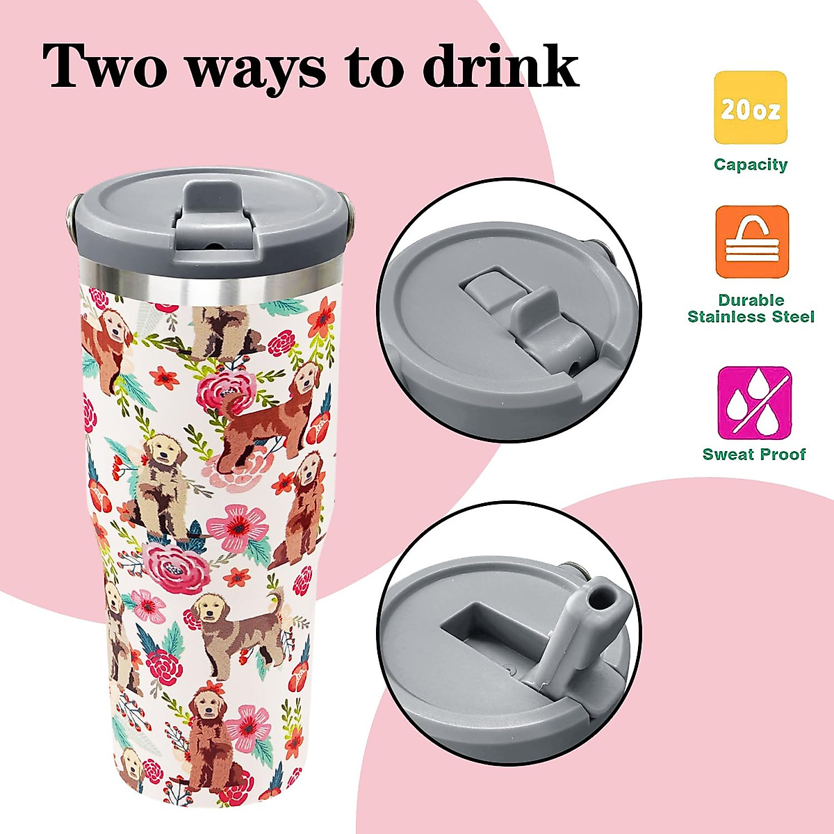 Goldendoodle Tumbler - Dog Lovers Gifts for Women- with Handle and Straw, Stainless Steel Vacuum Insulated Flip Straw 30 oz - Spill Proof Coffee Travel Mug Goldendoodle Lovers Gifts