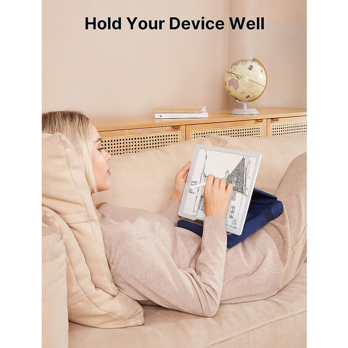 JSAUX Tablet Pillow Stand, Tablet Stand Holder Dock for Lap, Bed and Desk Compatible with iPad Pro 11 10.5 9.7 10.2 Air Mini, Kindle, Tablets, Phones, E-Reader, Books and More 4-11'' devices Navy Blue