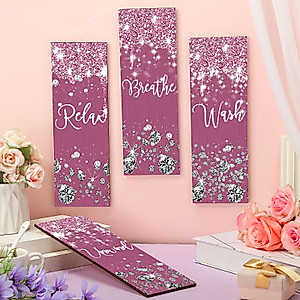 Huwena 4 Pcs Glitter Diamond Bathroom Wall Decor Wooden Relax Wish Unwind Breathe Wall Art Bathroom Decor Pink Silver Shiny Drips Hanging Bathroom Sign for Living Room Home Spa Bathroom