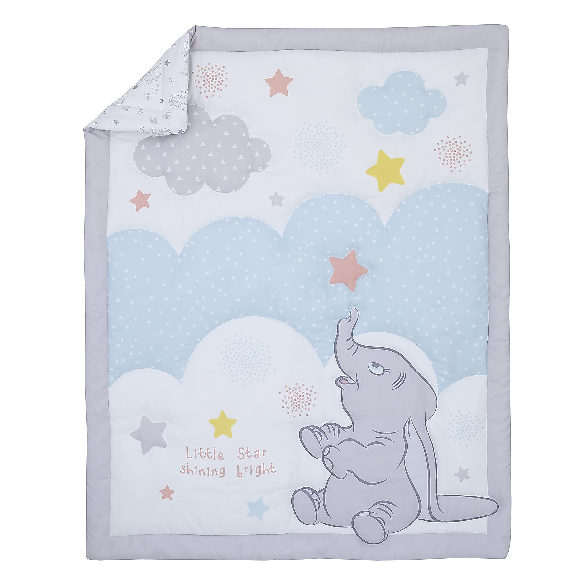 Disney Dumbo Shine Bright Little Star White, Gray, and Aqua Cloud 3 Piece Nursery Mini Crib Bedding Set - Comforter and Two Fitted Mini Crib Sheets