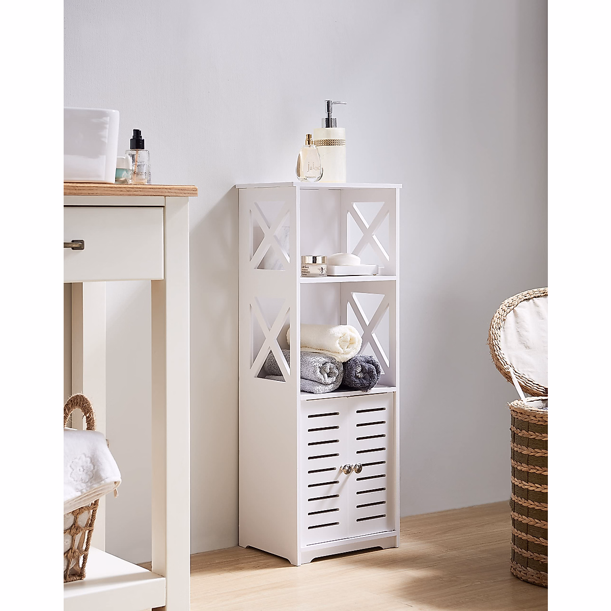Kings Brand Furniture - Bathroom Floor Storage Cabinet, Side Toilet Cabinet with Door and Shelfs, White