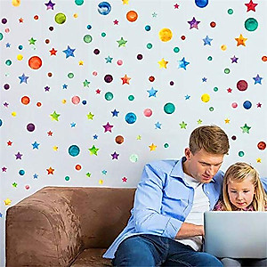 Coobbar 147 Count Multi Size Polka Wall Decals, Peel and Stick Wall Stickers, Rainbow Wall Decals for Kids Room, Living Room, Bedroom(Round and Star)