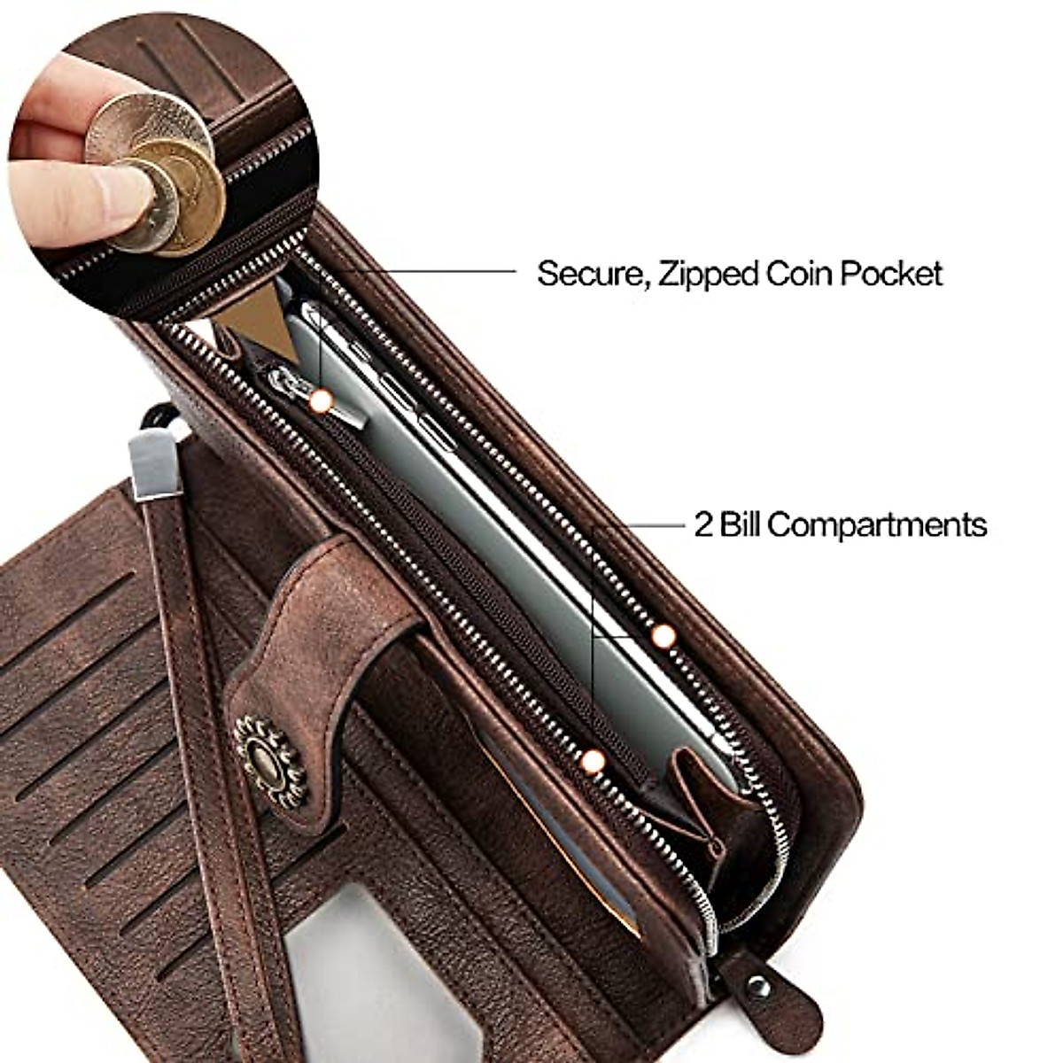 BROMEN Leather Wallets for Women RFID Blocking Large Capacity Credit Card Holder Clutch Purse Wristlet Coffee