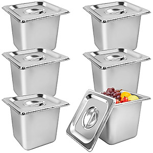 6 Pack Stainless Steam Hotel Pans 1/6 Size 6 Inch Deep With Lids, Anti-Jam Hotel Pans, Chafing Steam Table Pans for Hotel Restaurant Buffet Party Supplies
